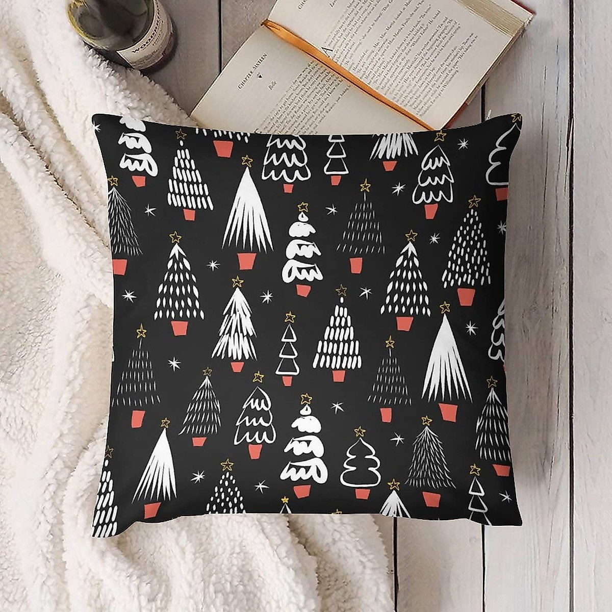 Meaudiwes Throw Pillow Cover Christmas Decorations Trees Black and White Home Decor, 24 x 24 Inches Soft Short Plush Cushion Pillowcases for Sofa Couch Bed Chair