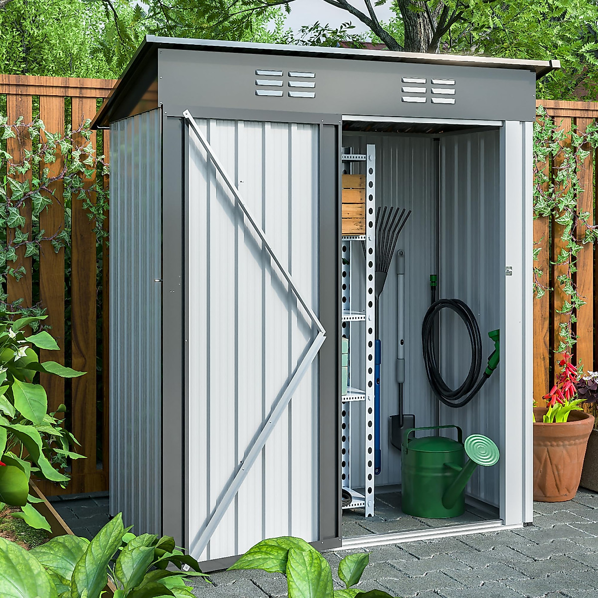 Outdoor Storage Shed 5 x 3 FT, Metal Garden Shed with Lockable Doors & Vents Openings, Outdoor Storage Clearance for Bike Garbage Can Lawnmower,Tool Storage House Shed for Backyard Garden Patio Lawn