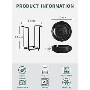 Ghaexui Japanese Ceramic Soy Sauce Dishes, Dipping Bowls, Side Dishes, Sauce Bowls-3.5 Inch, with Metal Stand for Ketchup Soy Sauce Sushi BBQ Party, Set of 6, Black