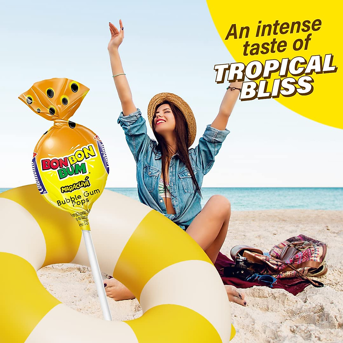 Colombina Bon Bon Bum Lollipops w/Bubble Gum Center, Passion Fruit Flavor, Individually Wrapped, Ideal for Party Favors and Gifts, 1 Pack (24 Count)