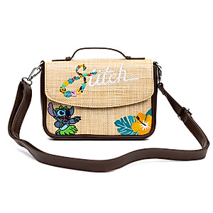 Disney Bag, Fold Over Crossbody, Lilo and Stitch Embroidered Stitch Poses, Raffia Straw