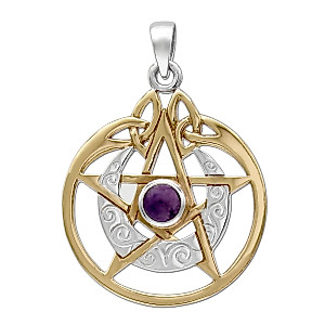 Dryad Design Sterling Silver 14k Gold Plated Crescent Moon Pendant Pentacle with Natural Amethyst