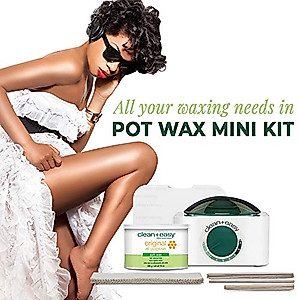 Clean + Easy Pot Wax Mini Kit With Deluxe Warmer, Original Formula Wax, Muslin Strips, Waxing Accessories, (120 V)