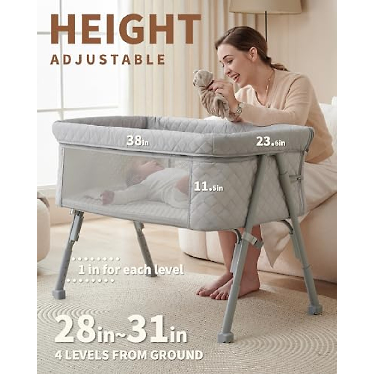 AirClub Bassinet Bedside Sleeper, Baby Bed Crib for Newborn, Bedside Crib Sleeper with 4 Auto-Lock & Adjustable Height, Breathable Mesh&Mattress