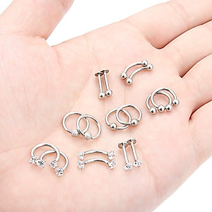 Lcolyoli 8 Pairs Stainless Steel Tragus Earring Clear Diamond CZ Forward Helix Hoop Cartilage Earring Studs Eyebrow Barbell Lip Labret Rings Body Piercing Jewelry Kit for Women Men Silver-tone