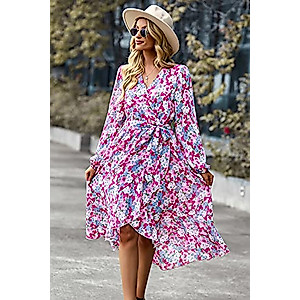 PRETTYGARDEN Women's Floral Print Boho Dress Long Sleeve Wrap V Neck Ruffle Belted A-Line Flowy Maxi Dresses (Floral Pink,Large)