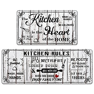 Farmhouse Kitchen Rugs Sets of 2, Personalized Kitchen Mats Cushioned Anti fatigue, Wooden Kitchen Rugs Non Slip Washable, White Kitchen Floor Mats for in Front of Sink, 18'' x 48'' + 18'' x 30''