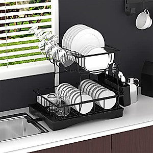 AININUOY Large Dish Drying Rack with Drainboard, 2 Tier Stainless Steel Dish Racks for Kitchen Counter, Dish Drainer with Wine Glass Holder, Drying Rack and Utensils Holder Set (Black)