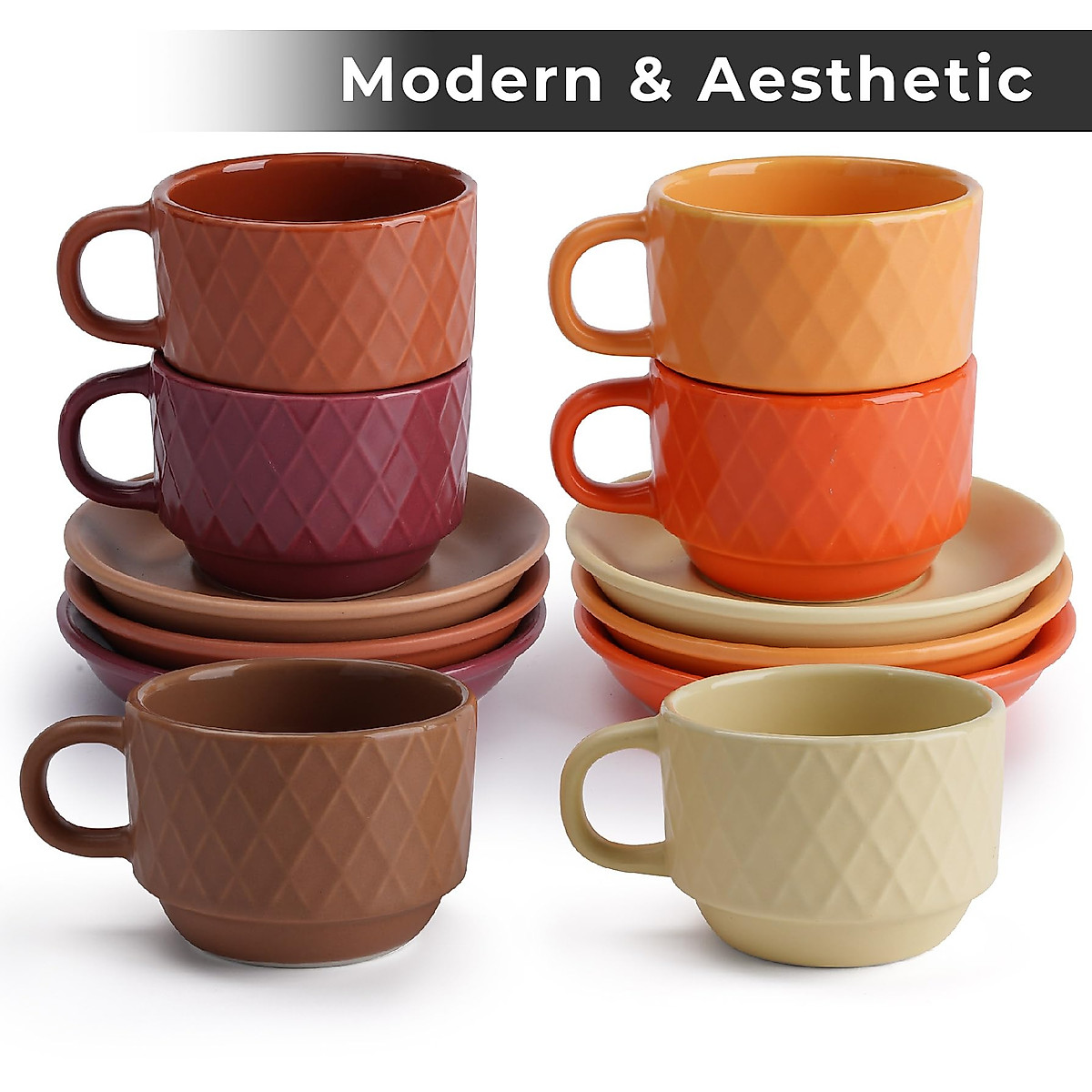 MIAMIO - 6 x 2.5 oz Stoneware Espresso Mug, Cup Set Modern with Stand and Saucers - Palmanova Collection (Magma Red)