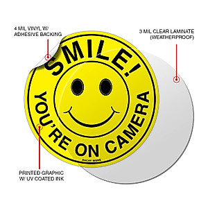 (Set of 5) Smile You're On Camera Sign - 4.5" Circle - 4 Mil Vinyl - Laminated for Ultimate Protection & Durability - Self Adhesive Decal - UV Protected & Weatherproof - Heavy Duty