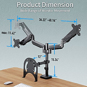 MOUNTUP Dual Monitor and Laptop Mount, Gas Spring Monitor Stand for 2 Max 27" Computer Screens, Laptop Tray Fits 10-17inch Notebook, Holds 4.4-17.6lbs Per Arm, 3-in-1 Adjustable Monitor Desk Mount