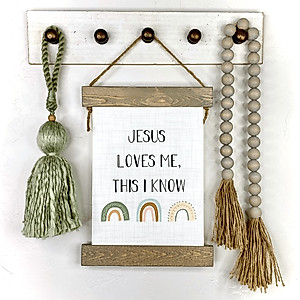 Kingdom Quality Jesus Loves Me This I Know Hanging Canvas - Give Me Jesus, Ten Commandments for Kids, Boho Rainbow Nursery Decor