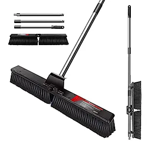 HEVOL Push Broom, 24" Wide Floor Scrub Brush with Stiff Bristles and 57” Long Stainless Steel Handle, Garage Heavy Duty Broom Outdoor Push Broom for Bathroom Kitchen Yard Patio Deck, Black
