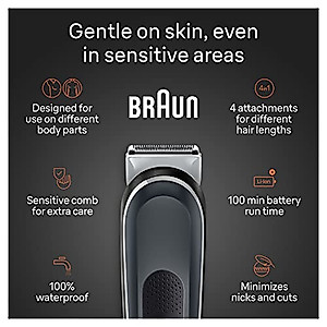 Braun Body Groomer Series 5 5360, Body Groomer for Men, for Chest, Armpits, Groin, SkinSecure Technology for Gentle Use and Clean Shave Attachment, Waterproof, Cordless with 100-min Run Time