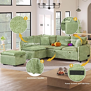 FANYE L-Shaped Oversized Convertible Sleeper Sectional Sofa Couch Daybed W/Pull Out Sleep Sofabed,Storage Ottoman, 2 Pillows, Power Sockets and USB Charging Ports for Living Room