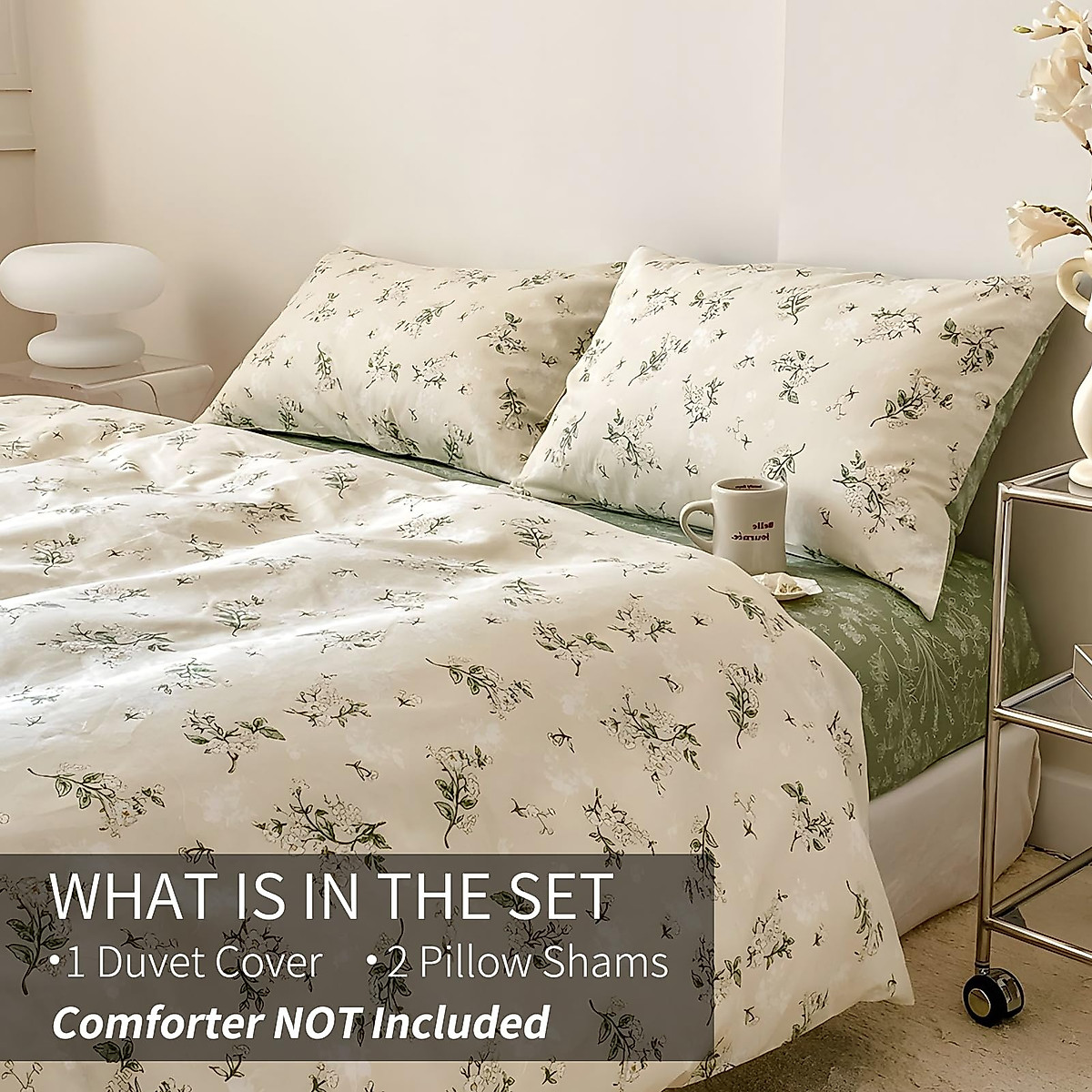 Rvciby Vintage Floral Duvet Cover Queen Size,100% Cotton Chic Shabby Beige Green Breathable Reversible Comforter Cover Set,3 Pieces,1 Duvet Cover with Zipper Closure & Corner Ties and 2 Pillow Shams