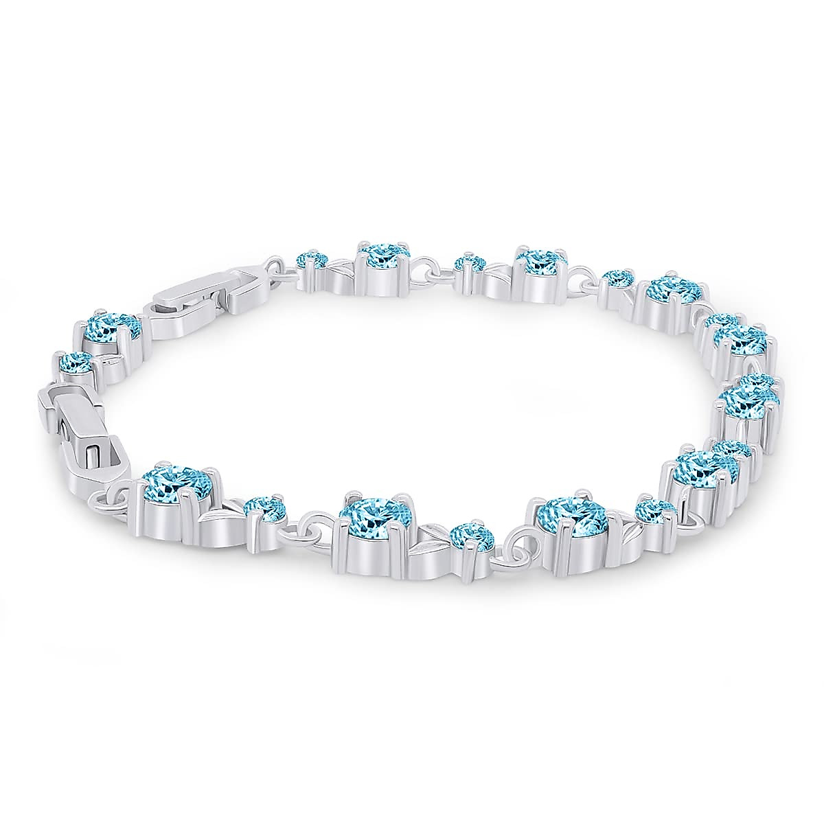 AFFY 14k White Gold Over Sterling Silver Leaf Shape Tennis Bracelet Round Shape Simulated Aquamarine 7.25"