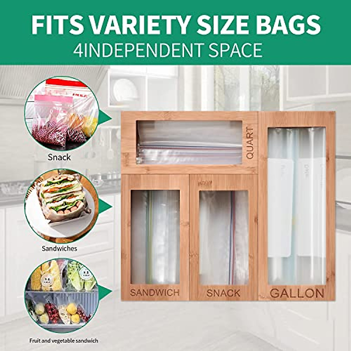 Adelaide Ziplock Bag Storage Organizer For Kitchen Drawer, Bamboo Baggie Holder, Compatible With Ziploc, Solimo, Glad, Hefty For Gallon, Quart, Sandwich And Snack Variety Size Bags(4 Piece Set)
