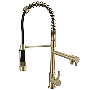 SHAMANDA Commercial Pre-Rinse Kitchen Faucet, High Arc Kitchen Sink Faucet with Pull Down Spring Spout and Pot Filler, Brushed Gold, L40001-3
