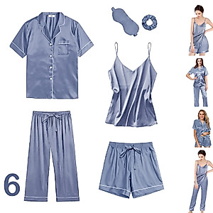 WJing Yi Jia 6Pcs Womens Silk Satin Pajama Sets Pj Sets Short Pjs Set Pajamas Sleepwear Camisole Sexy Cami Dusty Blue