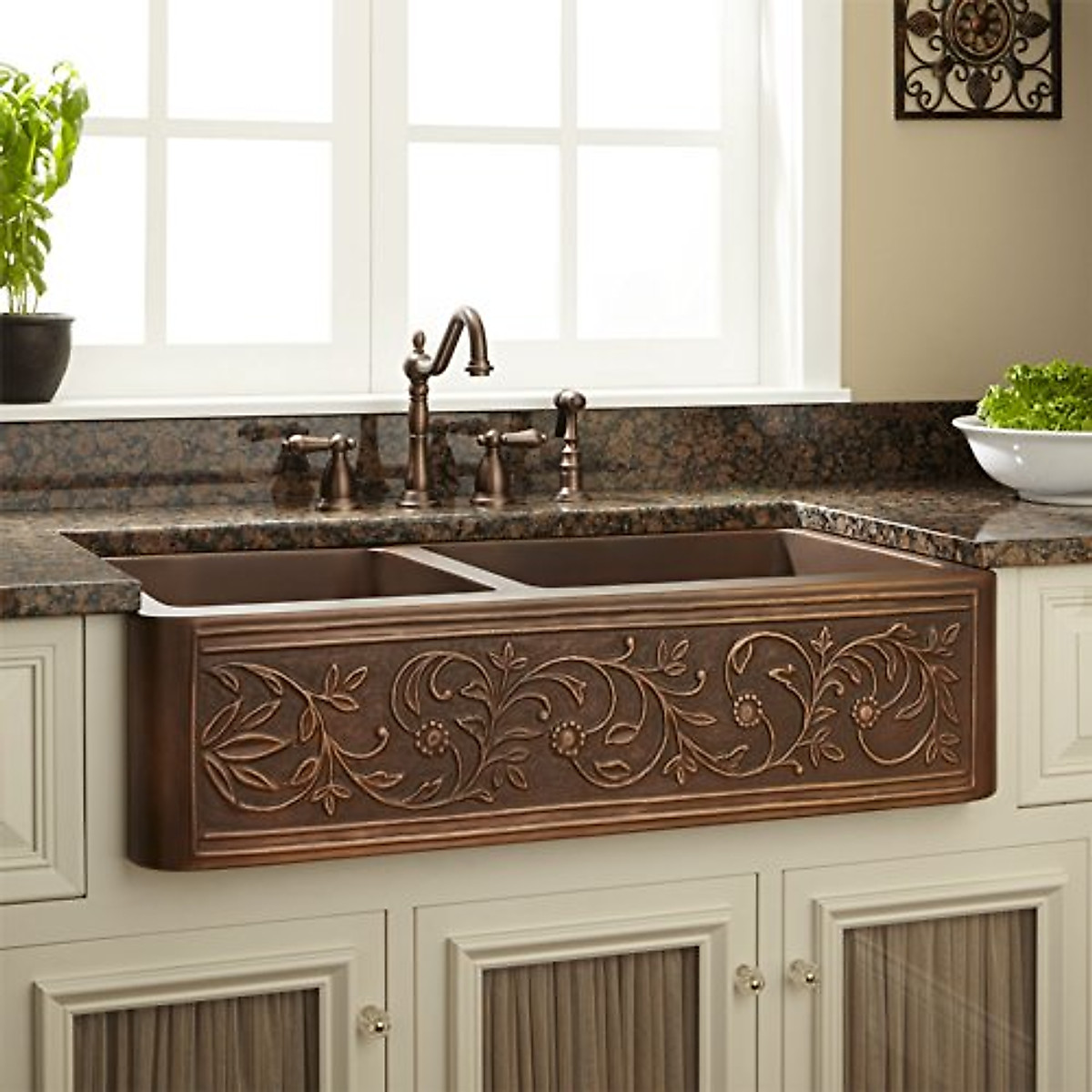 Signature Hardware 318919 33" Vine Design Farmhouse Double Basin Copper Kitchen Sink