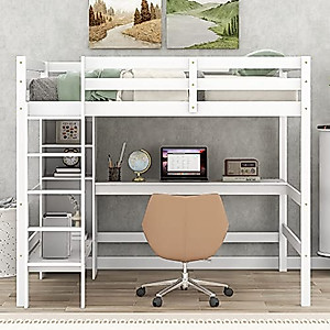 Harper & Bright Designs Full Size Loft Bed with Desk and Storage Shelves, Solid Wood Loft Bed Frame for Kids Teens Adults (Full Size, White)