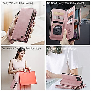 Defencase Wallet Case for Women Men, Durable PU Leather Magnetic Flip Lanyard Strap Wristlet Zipper Card Holder Phone Cases for iPhone 11 6.1-inch, Rose Pink