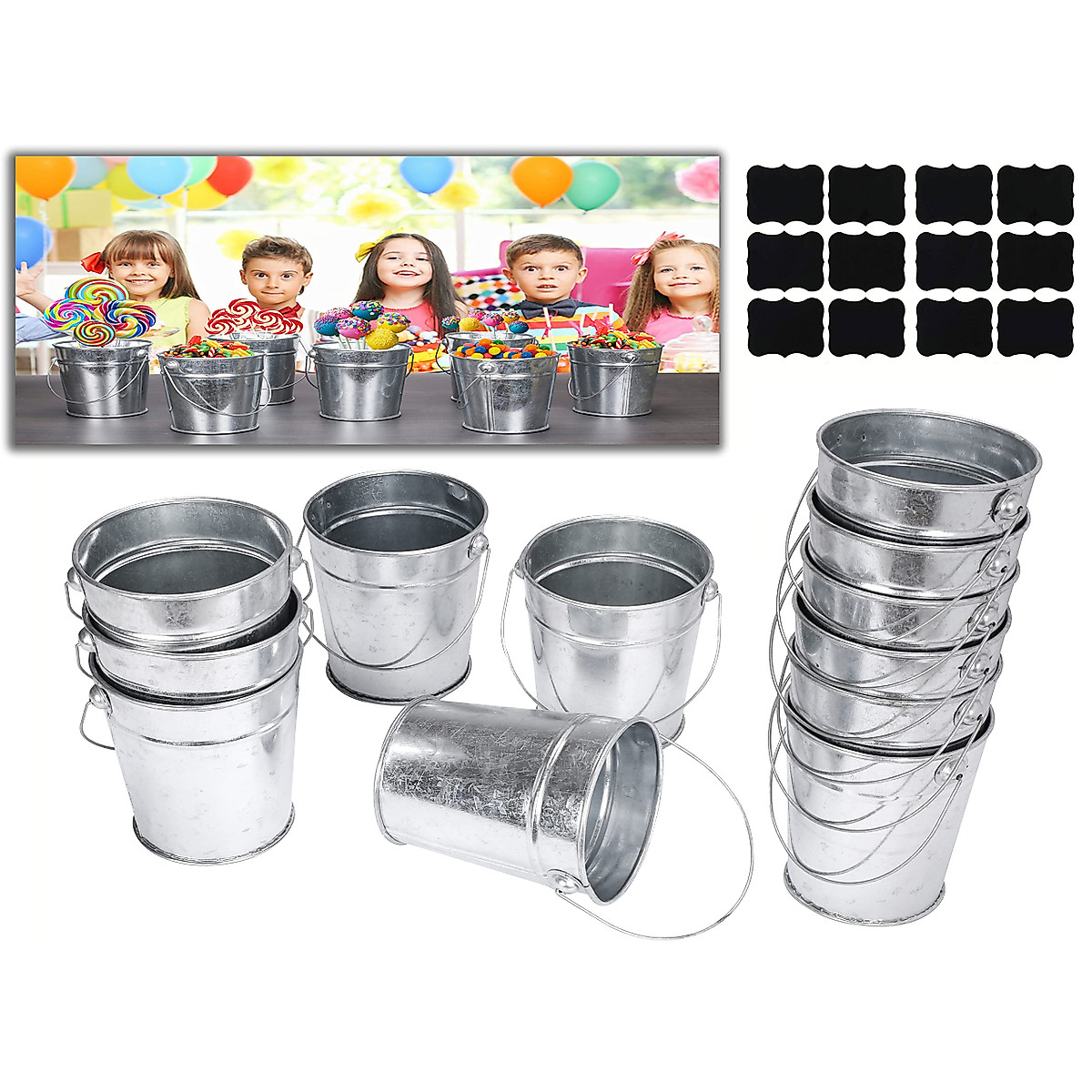 12 Pack Small Galvanized Metal Buckets with Handles, Mini Tin Pails for Party Favors, Succulents, Rustic Home Décor Metal Pail Mini Buckets Party Favors for Kids Crafts Wedding - 4.5 Inches