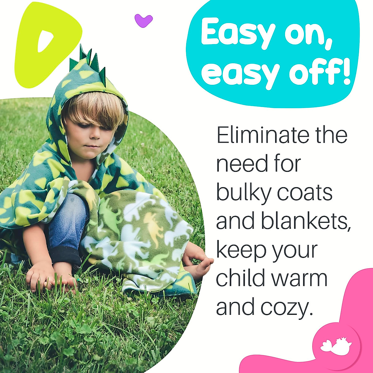 Birdy Boutique Car Seat Poncho for Kids – Safe to Use Over Seat Belts – Reversible Warm and Cozy Blanket – Easy on Easy Off and Doesn’t Impact Car Seat Performance – Green Dinosaur – One Size