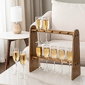MyGift Industrial Metal Tabletop Wine Glass Holder Stand with 2 Hanger Bars and Shabby White Washed Wood Base - Countertop Stemware Drinking Glasses Hanging Rack