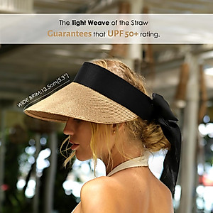 FURTALK Straw Sun Visor Hats for Women Summer Beach Sun Hat Packable UPF 50 Sun Protection Travel Hat with Big Tie Khaki