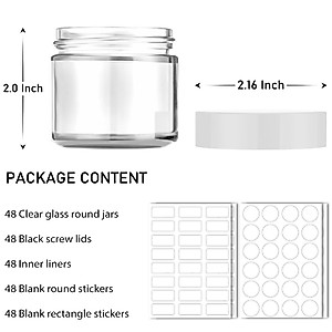 Bumobum 2 oz Glass Jars with Lids, 48 pack Clear Round Small Containers with White Lids, Blank Labels & Inner Liners, Empty Cosmetic Containers for Sample, Powder, Cream, Lotion