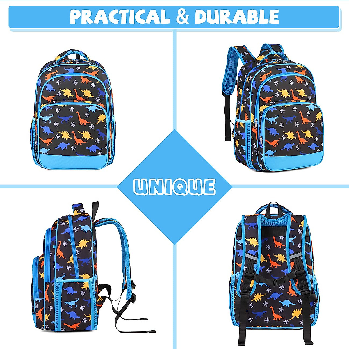 VASCHY School Backpack for Boys, 16in Water Resistant Backpack for Kids Preschool/Primary/Elementary School Bookbag with Tablet Sleeve Black Dino