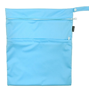 Damero 2 Pack Travel Wet Dry Bag Organizer with 2 Pockets and Handle for Cloth Diaper, Baby Clothes, Pumping Parts, Swimsuit and More, Cute and Spacious, Easy to Grab and GO(Medium, Green+Light Blue)