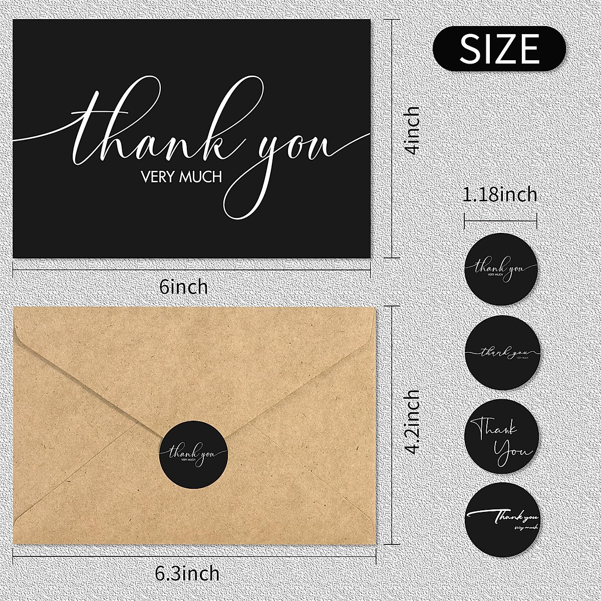 AZAZA 48 Pack Thank You Cards with kraft Envelopes and Stickers,4x6 inch Black cards,Blank Thank You Cards for Small Business,Baby Shower,Wedding,Bridal Shower,Graduation,Funeral,Black