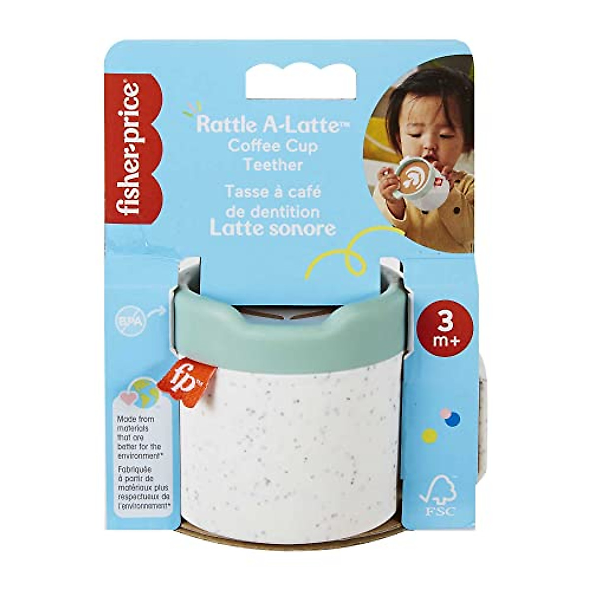 Fisher-Price Baby Toy Rattle A-Latte Coffee Cup Teether for Infant Sensory Play Ages 3+ Months