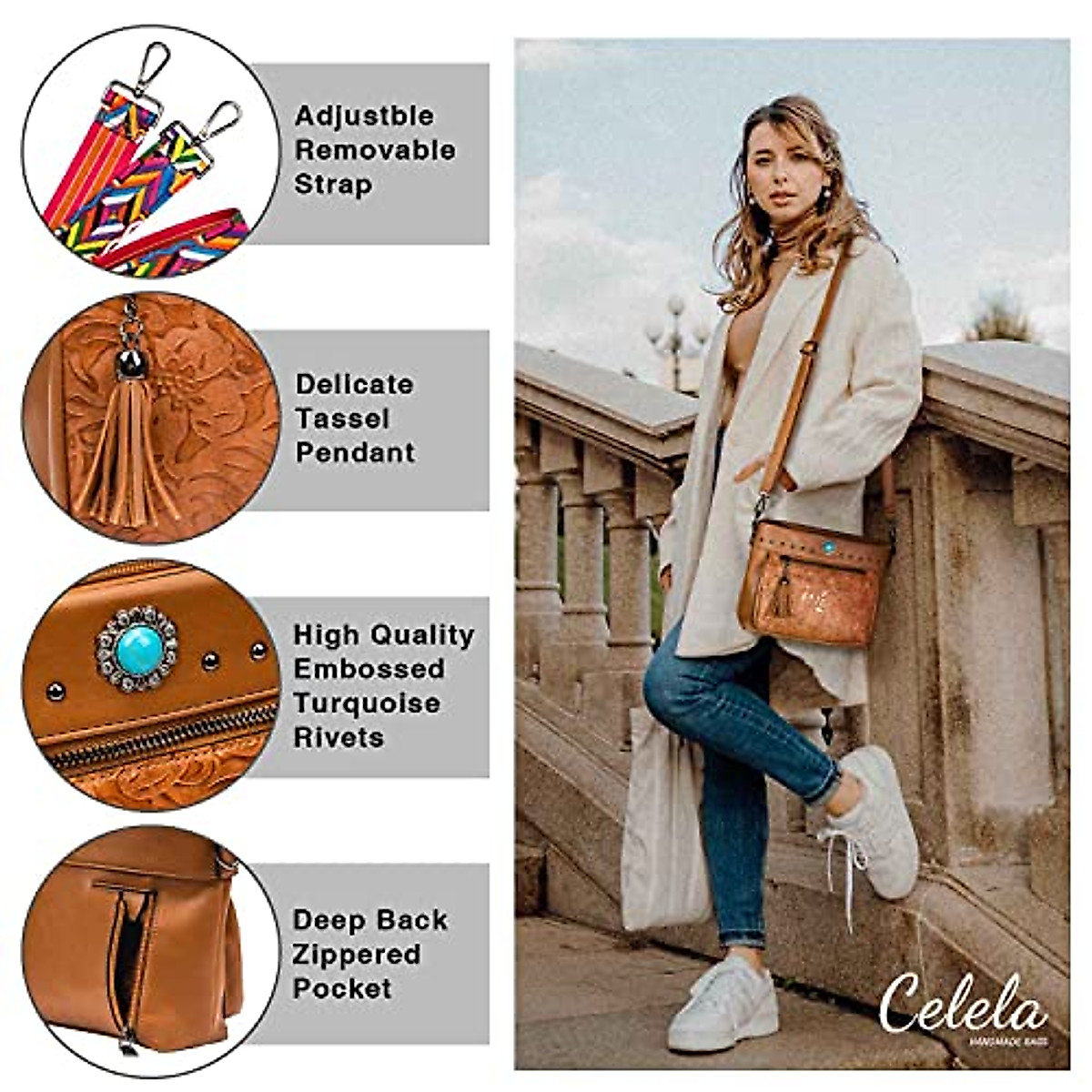 CELELA Women's Crossbody Handbags Ladies Shoulder Bag Small Hobo Purse Cross-body with Guitar Straps Replacement Western (Brown)