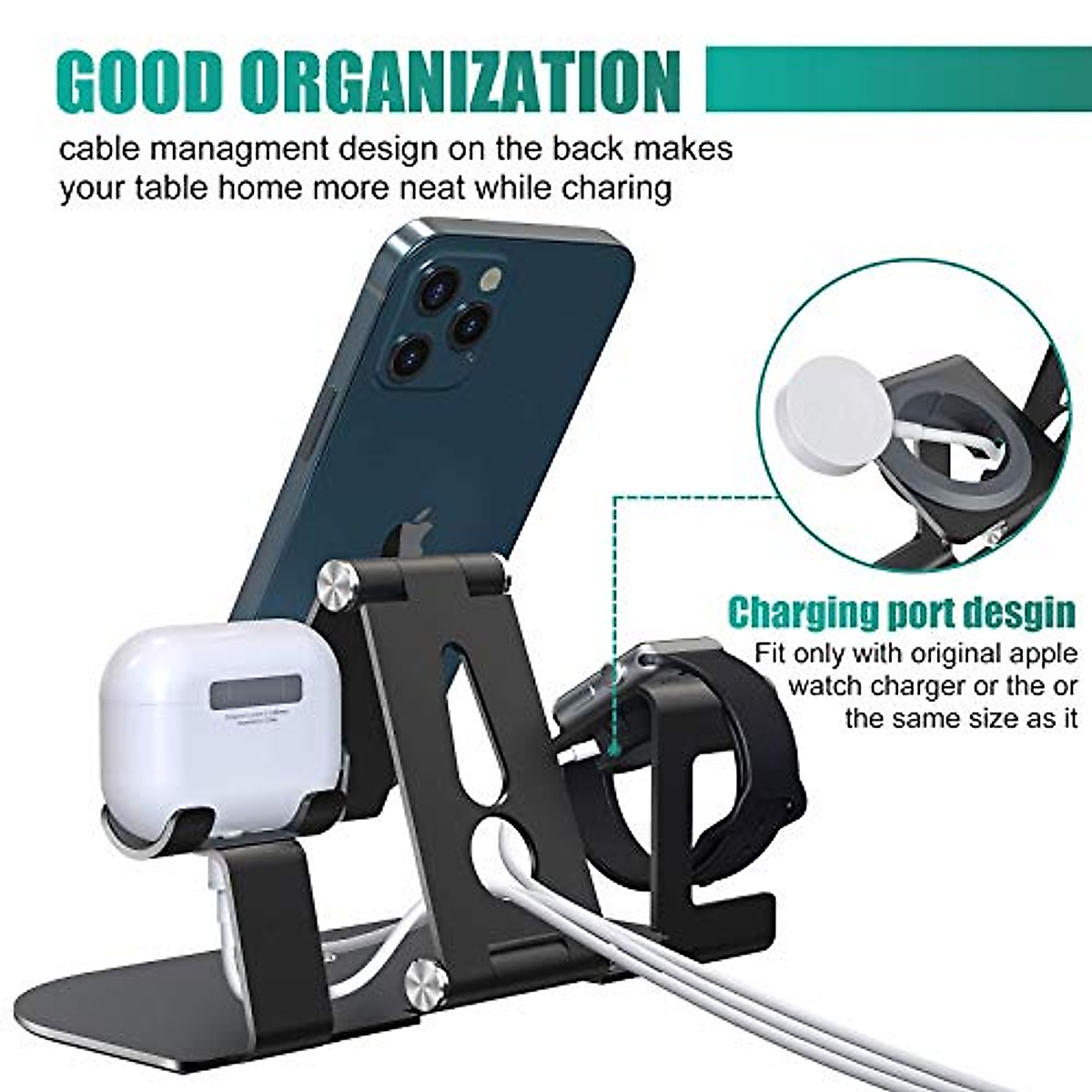 Stand for Apple Watch, [Update Foldable Stand Version] 3 in 1 Adjustable Universal Charger Stand Dock for iPhone 12 Pro Max/11/X/XS/8/ Plus, AirPods, iPad, Kindle and iWatch Series 6/5/4/3/2/1 (Black)