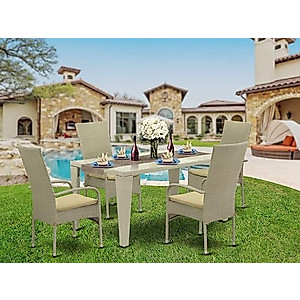 East West Furniture GUOS5-03A 5 Piece Outdoor Patio Conversation Sets Includes a Rectangle Wicker Dining Table with Glass Top and 4 Balcony Backyard Armchair with Cushion, 36x60 Inch, Natural Linen