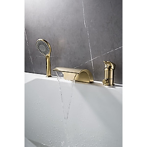 Brushed Gold tub faucet with sprayer Holes with Waterfall Tub Spout Filler with Handheld Shower High Flow