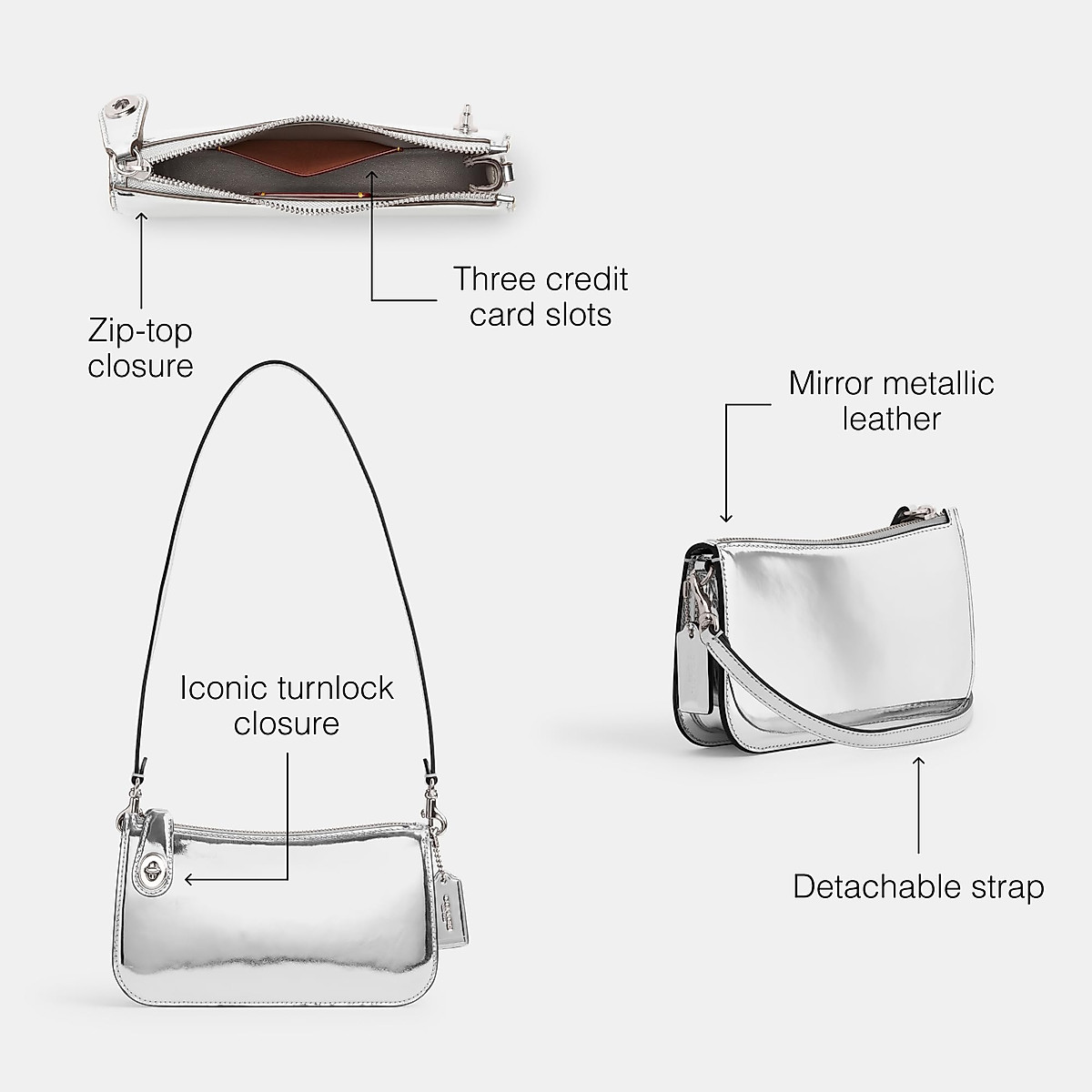 Coach Mirror Metallic Pochette, Silver