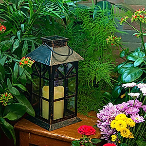 Solar Lantern Outdoor Classic Decor Bronze Antique Metal and Glass Construction Mission Solar Garden Lantern Indoor and Outdoor Solar Hanging Lantern, Entirely Solar Powered Lantern of Low Maintenance