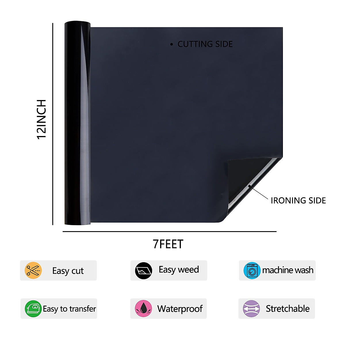 RENLITONG 3D Puff HTV Matte Heat Transfer Vinyl Roll 12" x 7ft Iron on for Heat Press T Shirt for All Cutter Machine Heat Vinyl Design (7ft, 3D Puff Black)