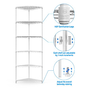 White 6 Tier NSF Metal Triangular Corner Wire Shelving Units, 420lbs Storage Rack for Kitchen, Utility Room, Warehouse, 72" H x 18" L x 18" W