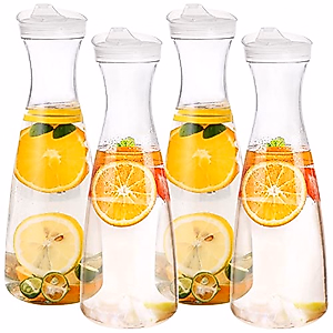 Jucoan 4 Pack 50 oz Plastic Carafe Water Pitcher, Clear Beverage Carafe with Flip Top Lid, Narrow Neck for Iced Tea, Powdered Juice, Cold Brew, Lemonade