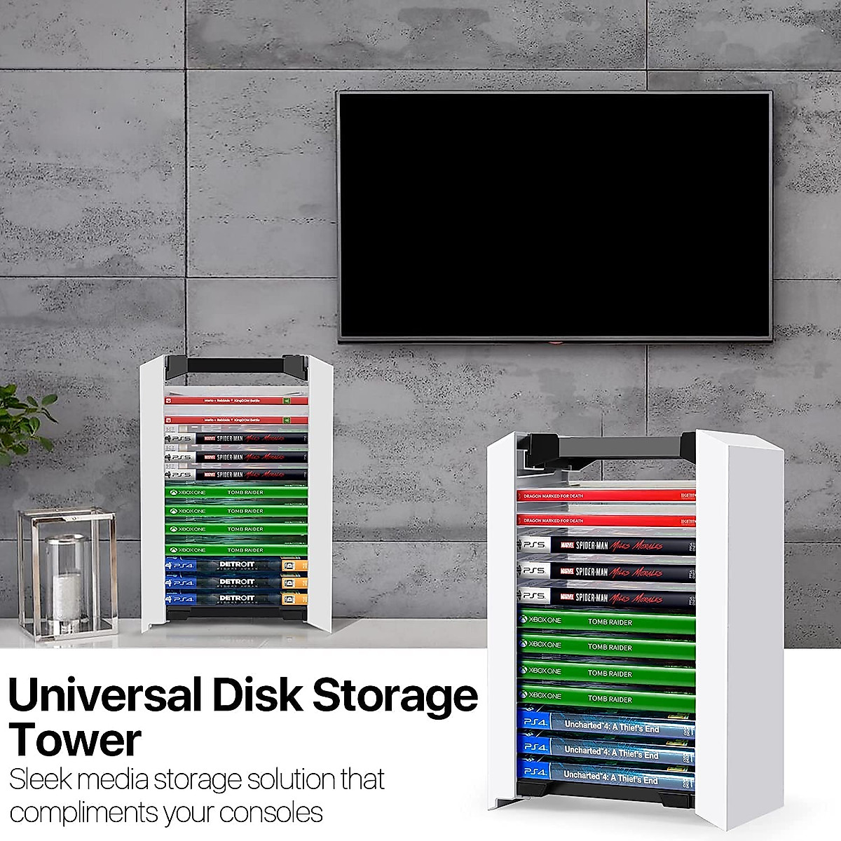 Eddrence PS5 Game Storage Tower Universal Games Storage Tower Stores 12 Game or Blu-Ray Disks Game Holder Rack for PS4, PS5, Xbox One, Xbox Series X/S, Nintendo Switch Games and Blu-Ray Disks