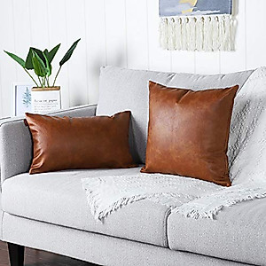 MANDIOO Set of 2 Lumbar Faux Leather Decorative Throw Pillow Covers Modern Solid Outdoor Cushion Cases Luxury Pillowcases for Couch Sofa Bed 12x20 Inches Brown