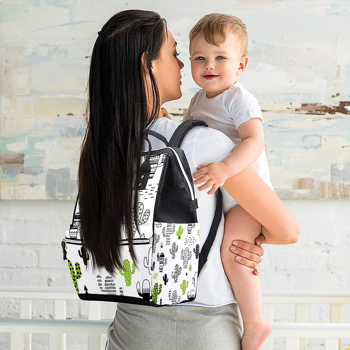 Shiiny Cute Hand Drawn with Cactus Diaper Bag Backpack for Baby Care, Multi Function Waterproof and Cooler Tote Travel Backpack (Nappy Bag, Tissue Pocket)