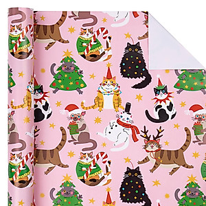 WRAPAHOLIC Christmas Wrapping Paper - Mini Roll - 17 Inch x 33 Feet - Adorable Christmas Cat Design for Christmas, Holiday, Party Celebration