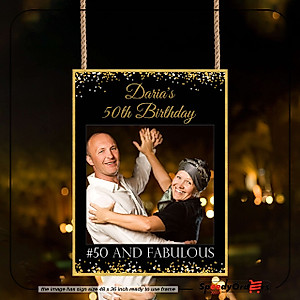 Fifty & Fabulous Photo Booth Frame, 50th Birthday Decorations, Personalized Black and Gold Glitter Selfie Frame, Custom Photo Booth Props, 20th, 30th, 40th Birthday, Party Supplies Sizes 36x24, 48x32